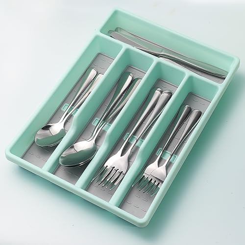 Joequality Silverware Organizer with Icons,Plastic Cutlery silverware Tray for Drawer,Utensil Flatware Tableware Organizer for Kitchen with Non-slip TPR,Fits Standard Drawer,5-Compartment,Light Blue