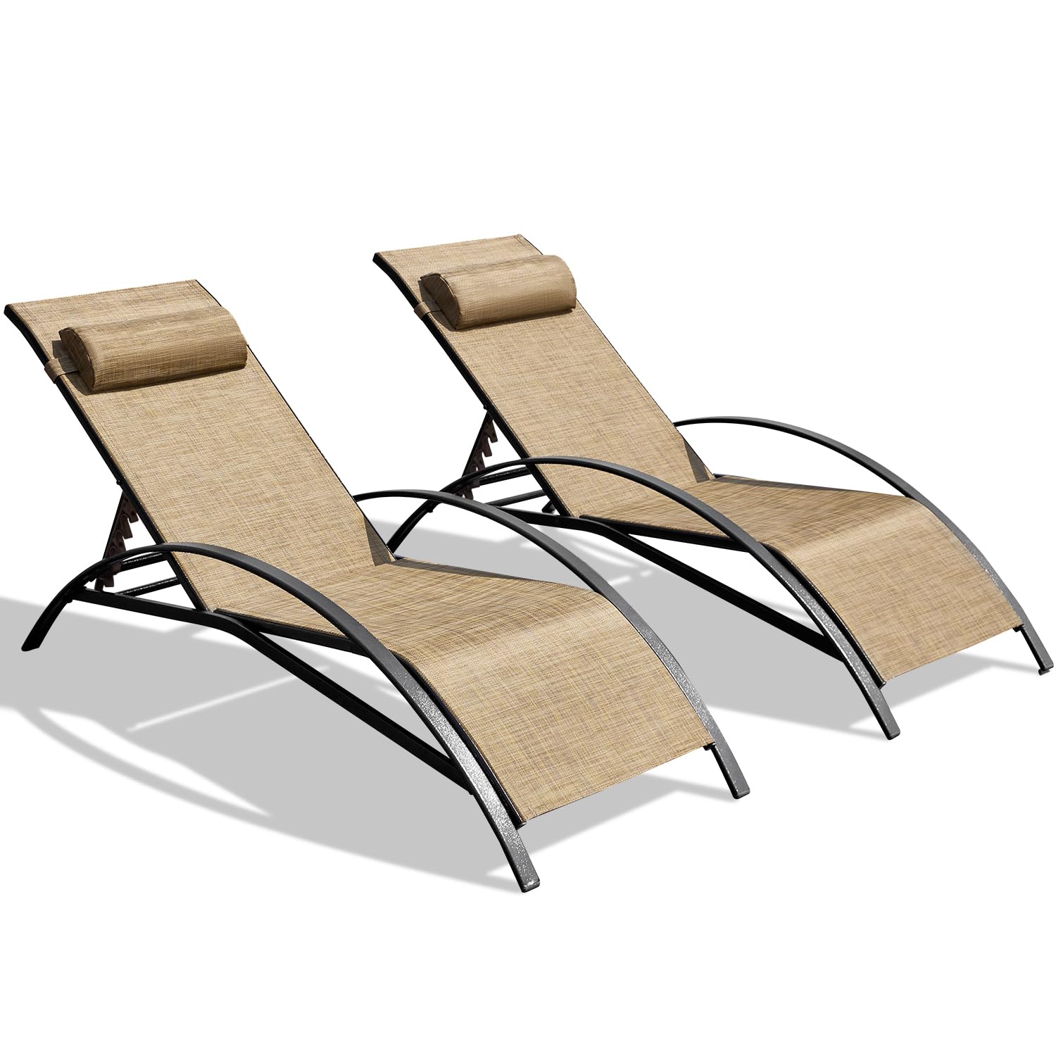 EROMMY All-Weather Textiline Recliner Chairs Set of 2 Outdoor Lounge Chairs with Adjustable Backrest (Arc Brown, Set of 2)