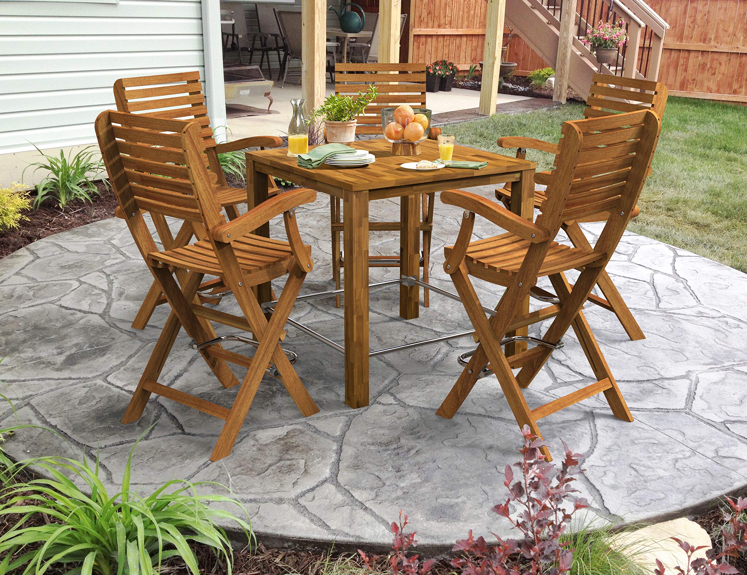 INTERBUILD REAL WOOD Acacia Hardwood Foldable Casino Bar Height Chair with Foot and Arm Rests, 26" Tall, 2 Piece Set - Golden Teak
