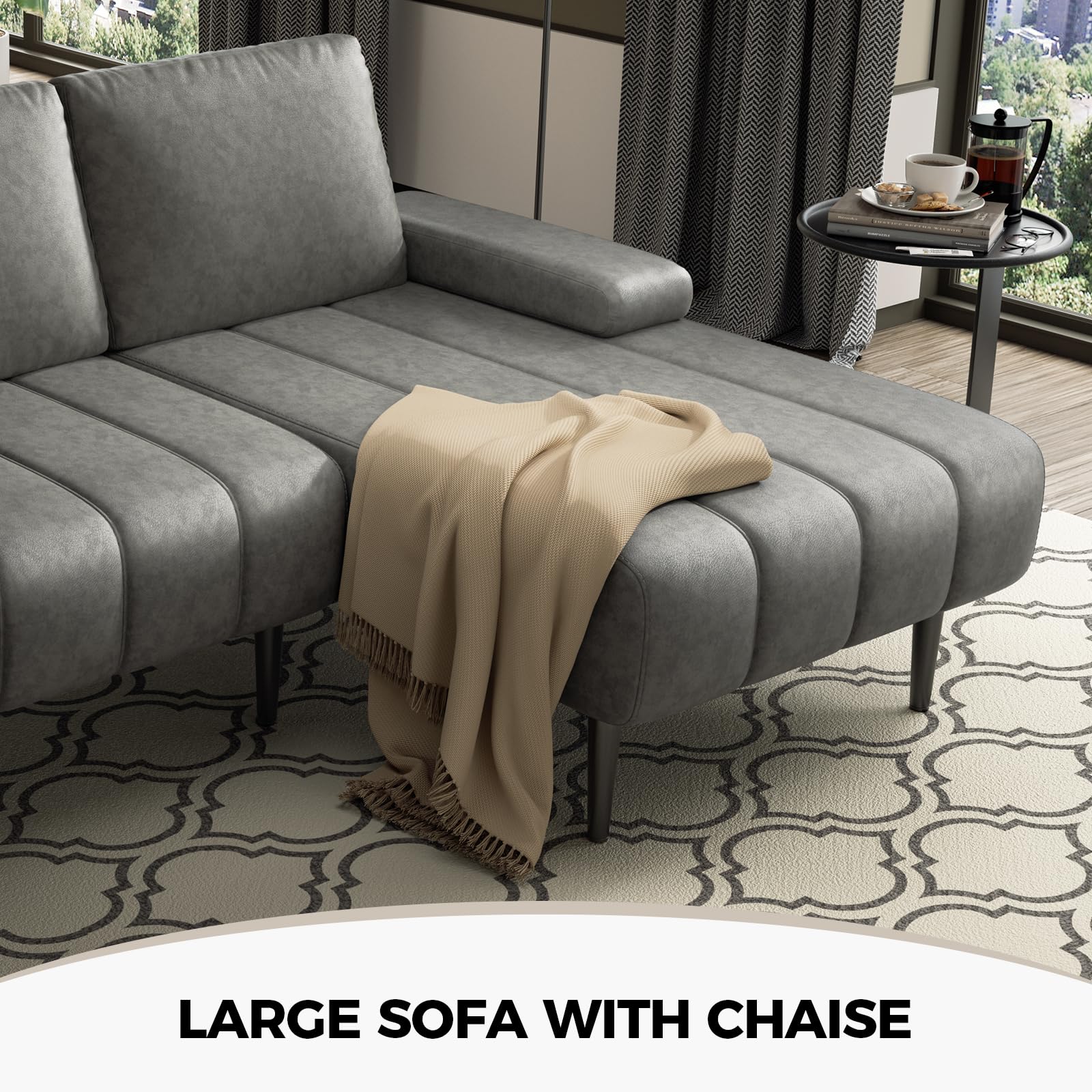 COPIAE 94.5” L Shape Sofa, Anti-scratch Faux Leather Sectional Sofa with Chaise, Oversized Cloud Couch with Removable Armrest Bags& Metal High Feet, Modern Design L Shape Couches for Living Room, Grey