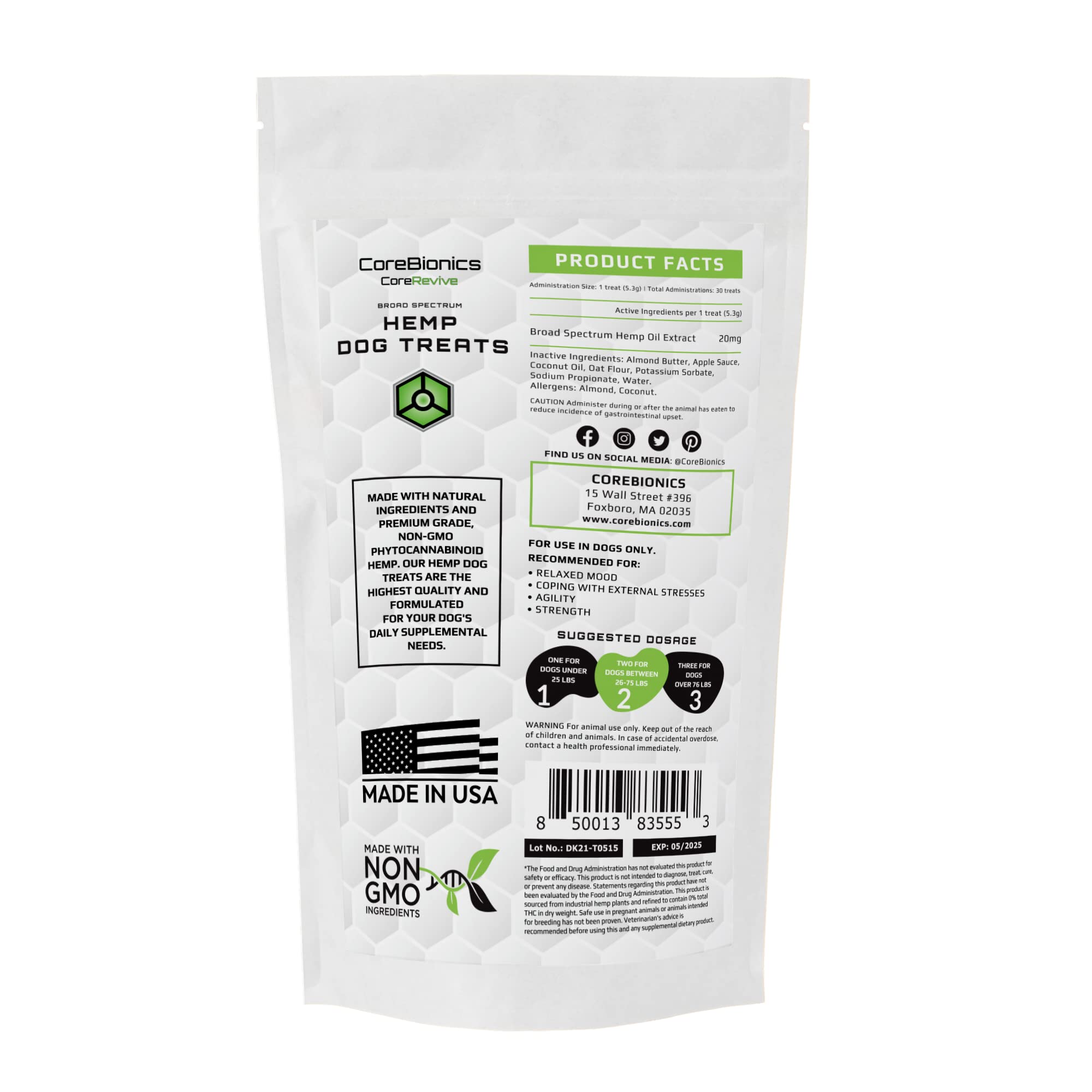 CoreBionics Premium Hemp Dog Treats - 600mg (30ct) - Support for Joint Flexibility and Mobility, Nervousness, Hyperactivity and Environmentally-Induced Stress