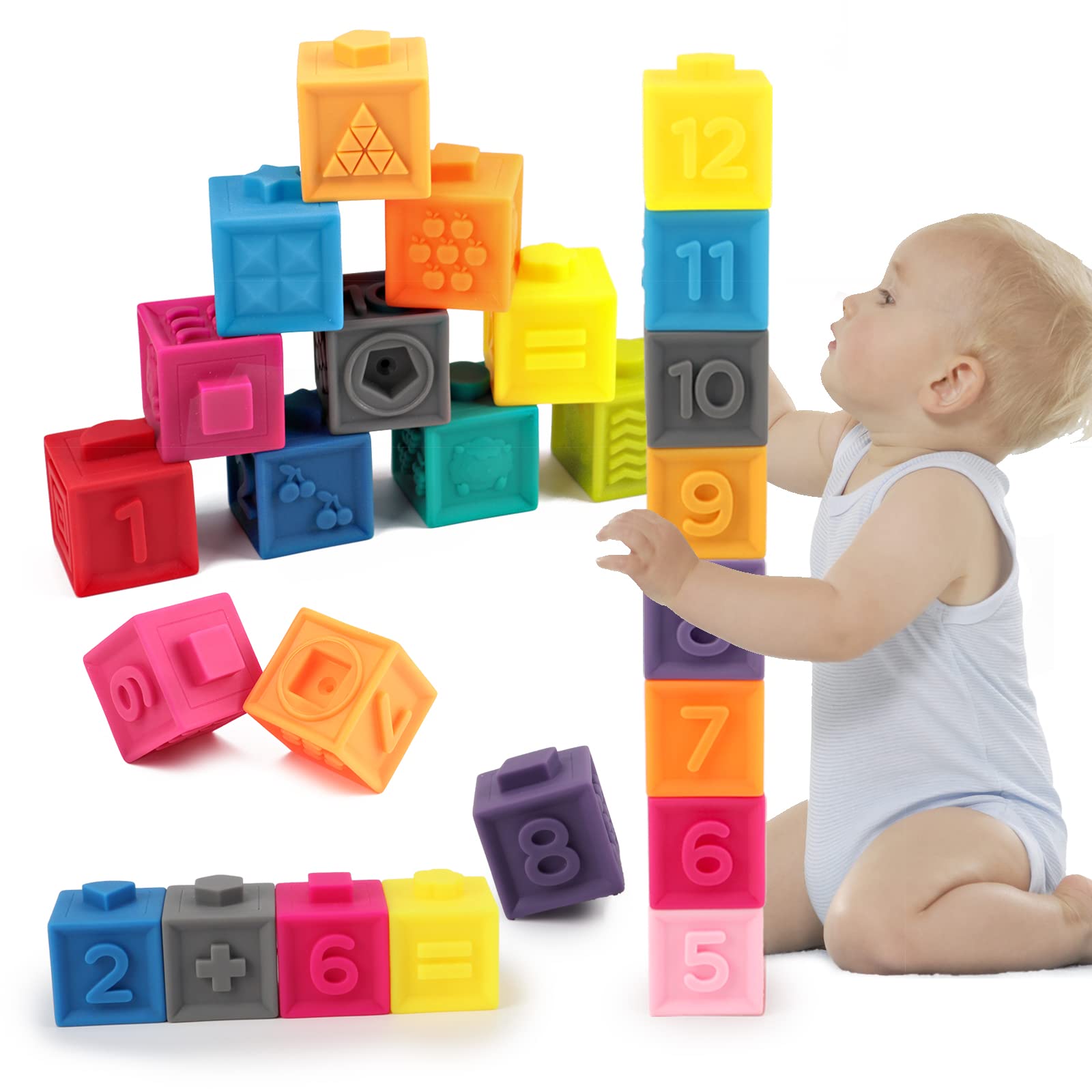 OWNONE 1 Baby Soft Blocks, 16PCS Stacking Building Blocks for Toddlers 1-3, Teething & Sensory Toys for Babies Infant 6 9 10 12 18 Months, Learning Developmental Toys for Boys & Girls 1 2 3 Years Old