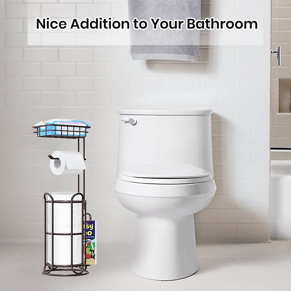 Toilet Paper Holder Free Standing with Shelf Bathroom Magazine Holder Bath Tissue Roll Holder for Mega Rolls/Phone/Wipe-Bronze