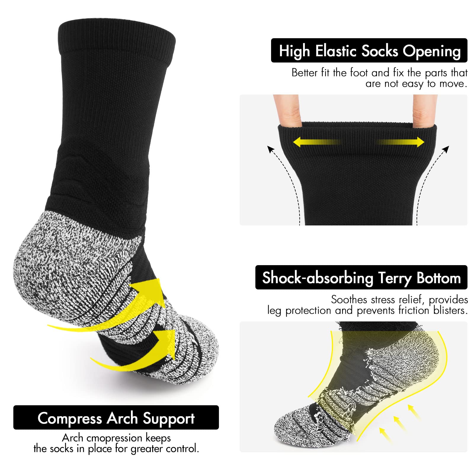 Compression Running Socks for Men Work Boots Compression Athletic Cushioned Crew Socks Moisture Wicking Socks for Basketball Hiking cycling Black-grey