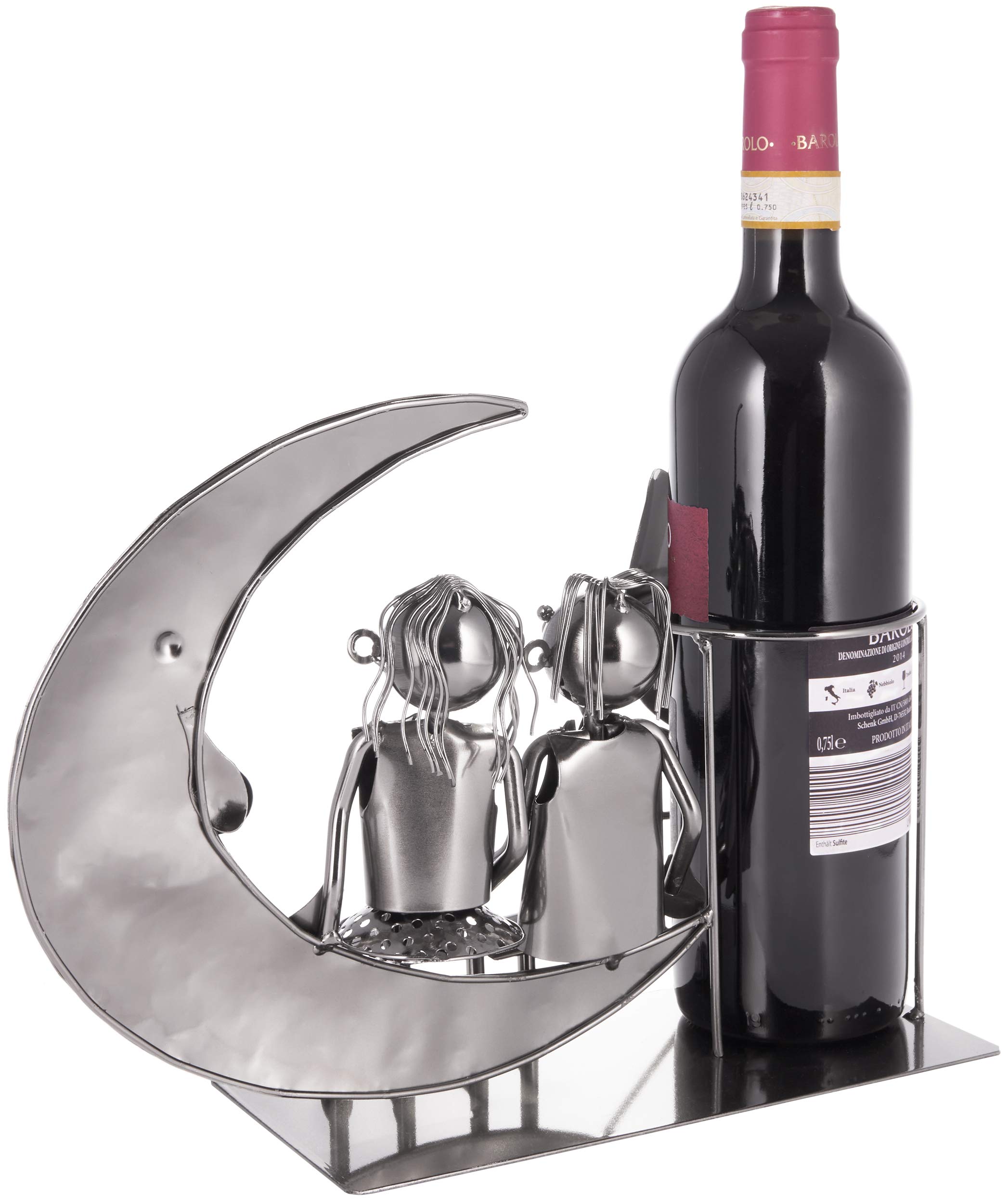 BRUBAKER Bottle Holder Wine - Couple on The Moon - Lovers Sculpture Metal - Bottle Stand with Greeting Card