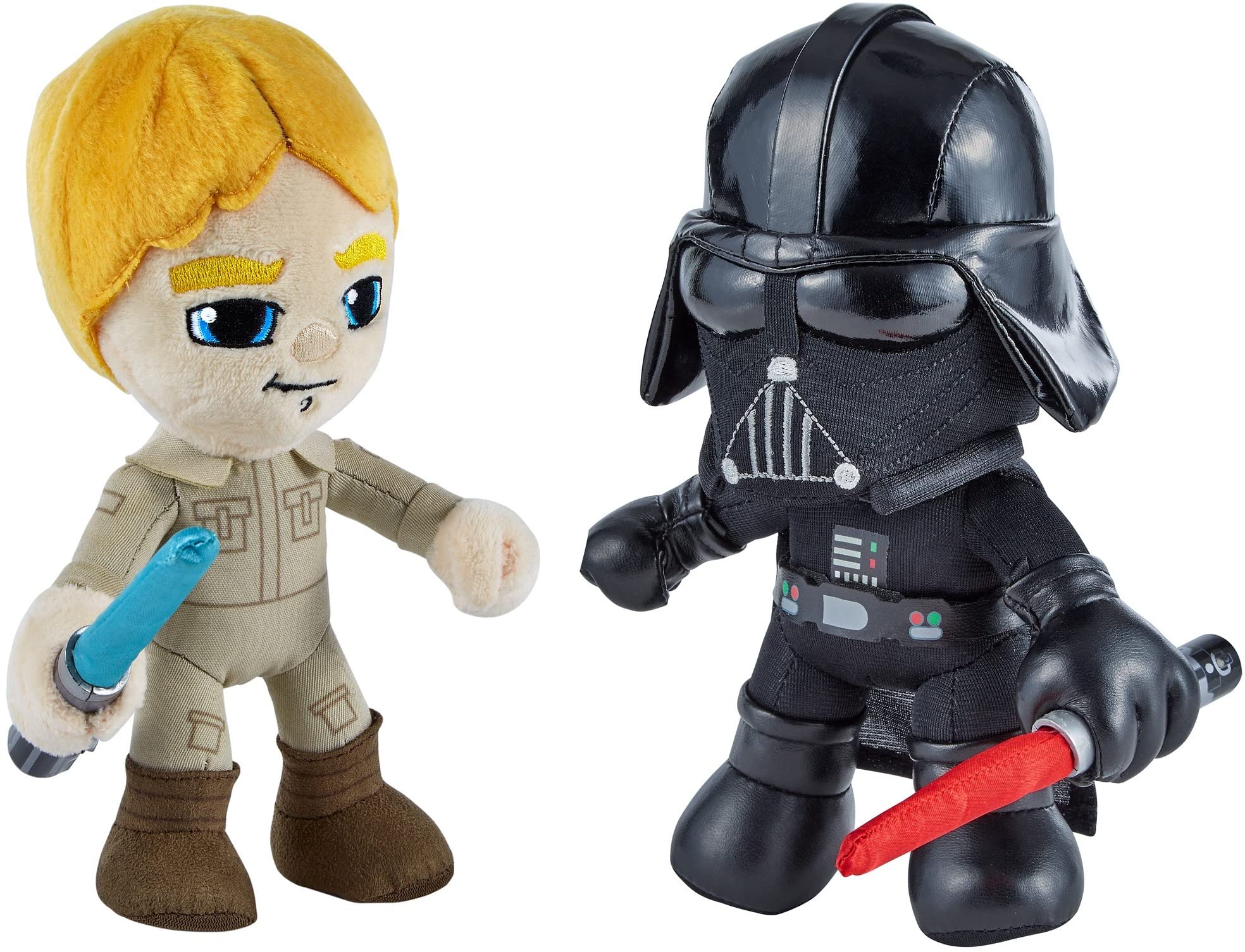 Mattel Star Wars Plush 6-inch Figure 2-Pack, Luke Skywalker vs Darth Vader, Lightsaber Duel Set of 2 Soft Dolls with Light-up Weapons