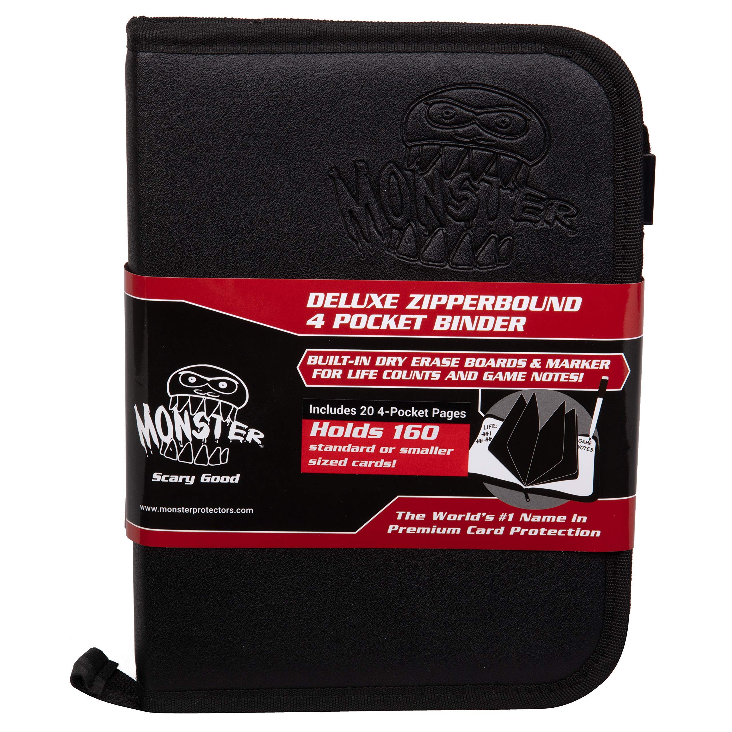 Monster Deluxe 4 Pocket Trading Card Leather Album - Zipper Closure, Built-in Dry Erase Boards and Marker, Side Loading Padded Double Sided Pockets, Holds 160 Cards, For Sport, Gaming, Kpop, Xmas Gift