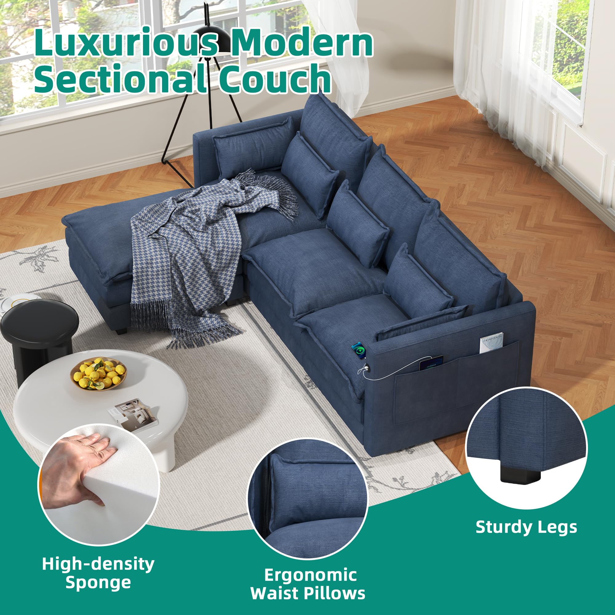 EDWELL Modular Sectional Sofa, Convertible L Shaped Couches Set with USB & Type-C Ports, Modern 3-Seater Comfy Cloud Couch with Moveable Ottoman for Living Room, DIY Combination, Blue