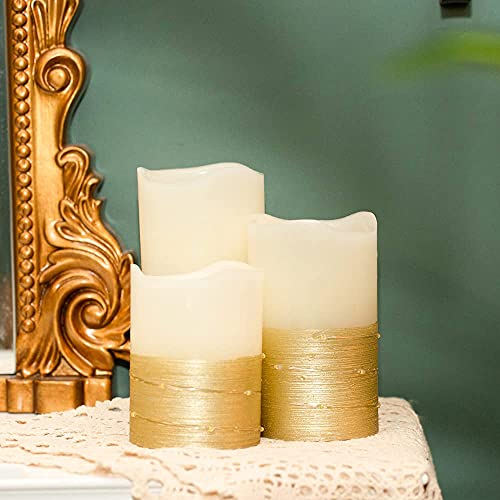 BeMoment Flickering Flameless Candles with Timer - Battery Operated, White LED String Lights, Gold Accent, Ideal for Home Decor, Fireplace, and Events, 3pcs (D 3" x H 4" 5" 6")