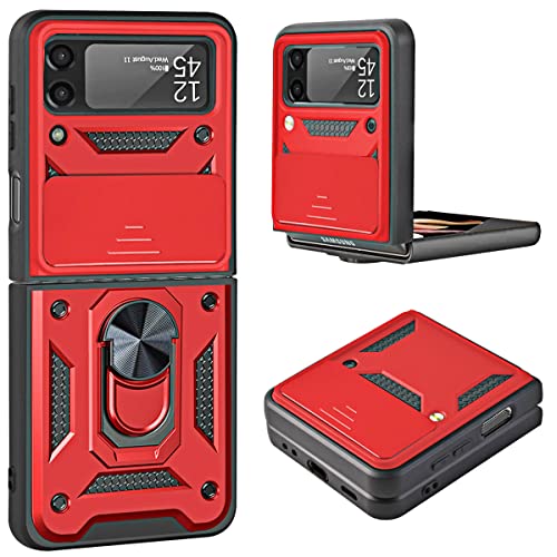 ONOLA for Galaxy Z Flip 3 Case with Slide Camera Cover, with 360°Rotate Ring Magnetic Kickstand Military Heavy Duty Protective Case for Samsung Galaxy Z Flip 3 5G (Red)