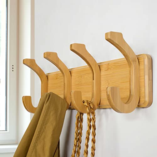 Honsky Wall Mounted Coat Rack, 17” Wall Coat Rack with 4 Hooks,Bamboo Coat Hook Wall Mounted,Large Coat Hanger Wall Mounted for Hanging Coat,Clothes,Jacket,Natural