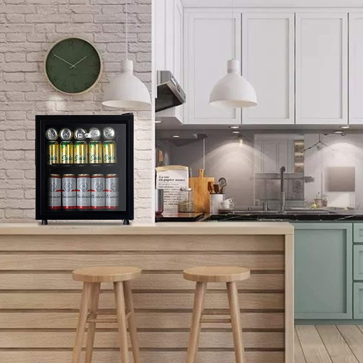 Beverage Refrigerator Cooler 60 Can Mini Fridge Glass Door for Beer Drinks Wines Juice, Adjustable Shelves Blue LED Lights and User Friendly Temperature Knob for Home Office Dorm Bar 1.6 Cu. Ft