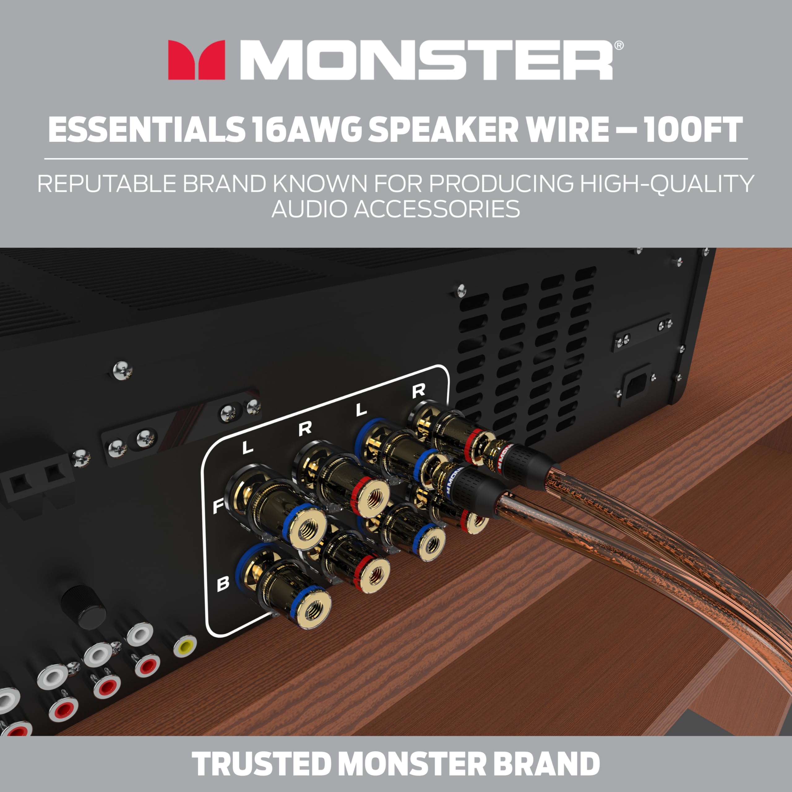 Monster Essentials High Performance Speaker Wire 16 Gauge Copper Clad Aluminum (CCA) Speaker Cable 100 FT Spool β Ideal Home Cinema Speaker Wire Cable and Car Audio Speaker Cables/Speaker Wires