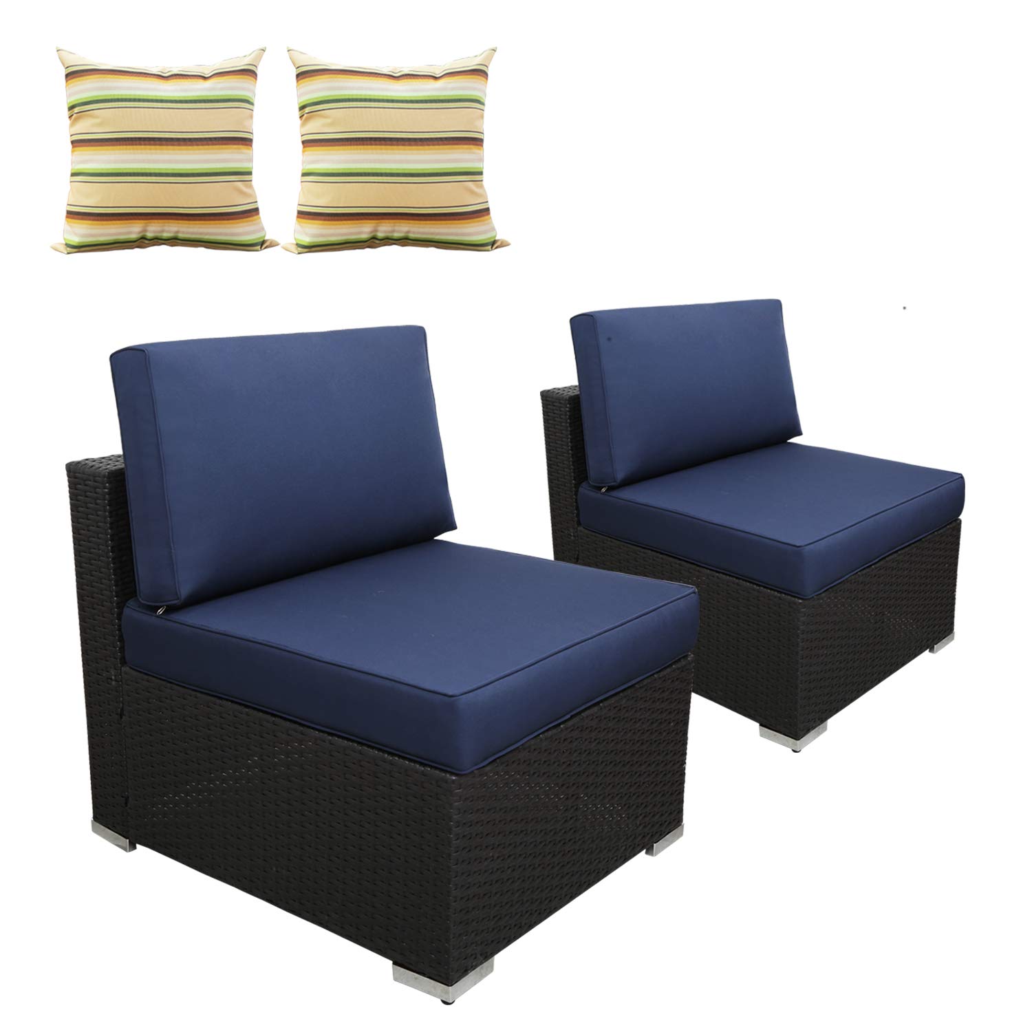 Excited Work 2 Piece Outdoor PE Wicker Rattan Patio Couch with Washable Cushion and 2 Pillow,Sectional Furniture Conversation Set(Dark Blue)