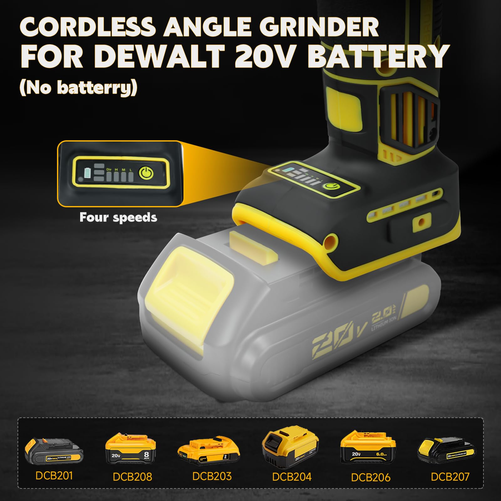 Cordless Angle Grinder for Dewalt 20v Batteries, 6600RPM Brushless Electric Grinder, 4 Variable Speed Metal Grinder for 4.9''Wheels with Adjustable Auxiliary Handle for Cutting, Polishing(No Battery)