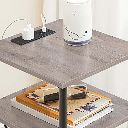 HOOBRO Set of 2 Side Tables with Charging Station and USB Ports, 3-Layer Stackable Nightstands, End Tables for Small Spaces in Bedroom, Living Room, Industrial Style, Greige and Black BG10UBZP201