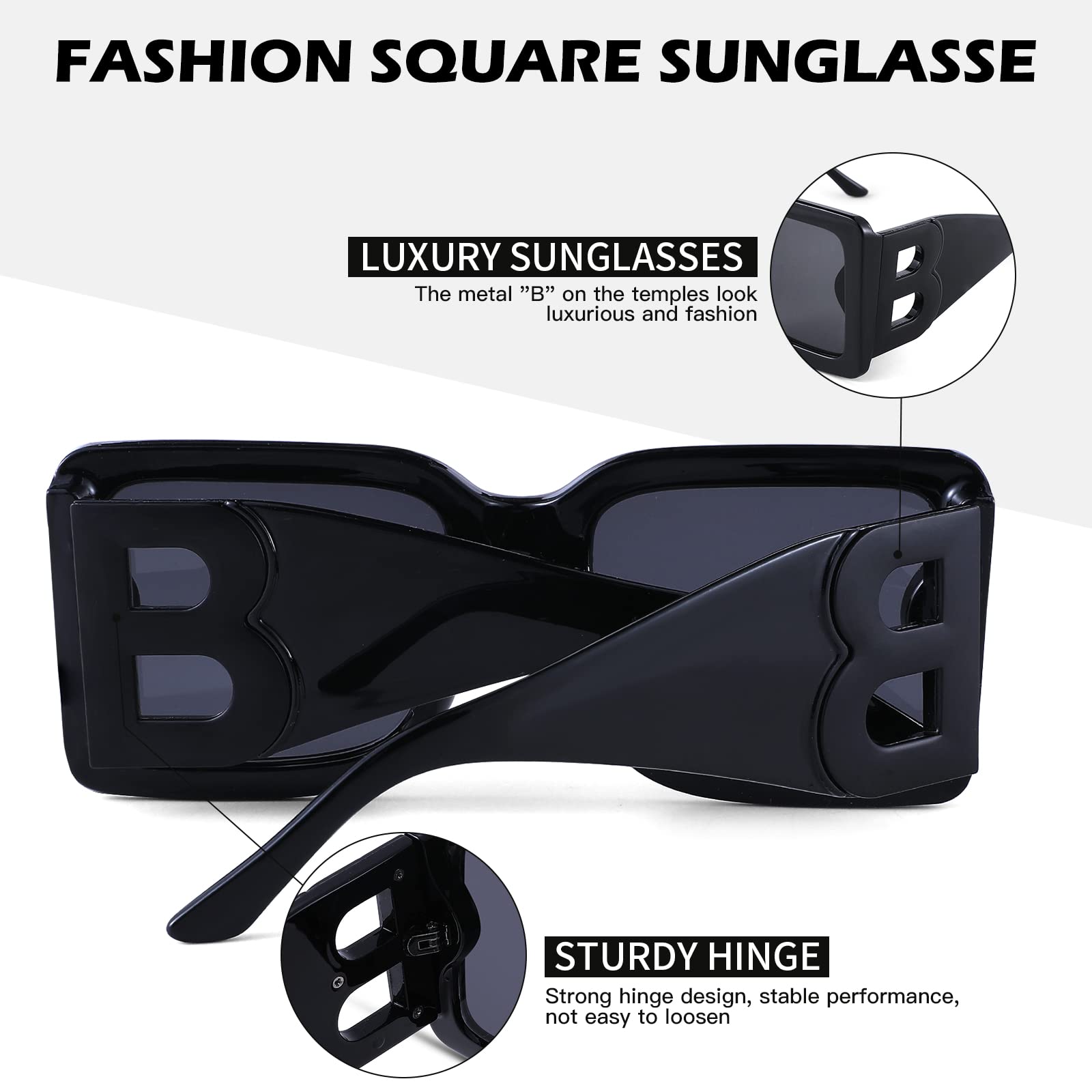 Bouryo Fashion Big Square Sunglasses for Women Men Trendy Black Thick Frame Luxury Designer Oversized Sun Glasses