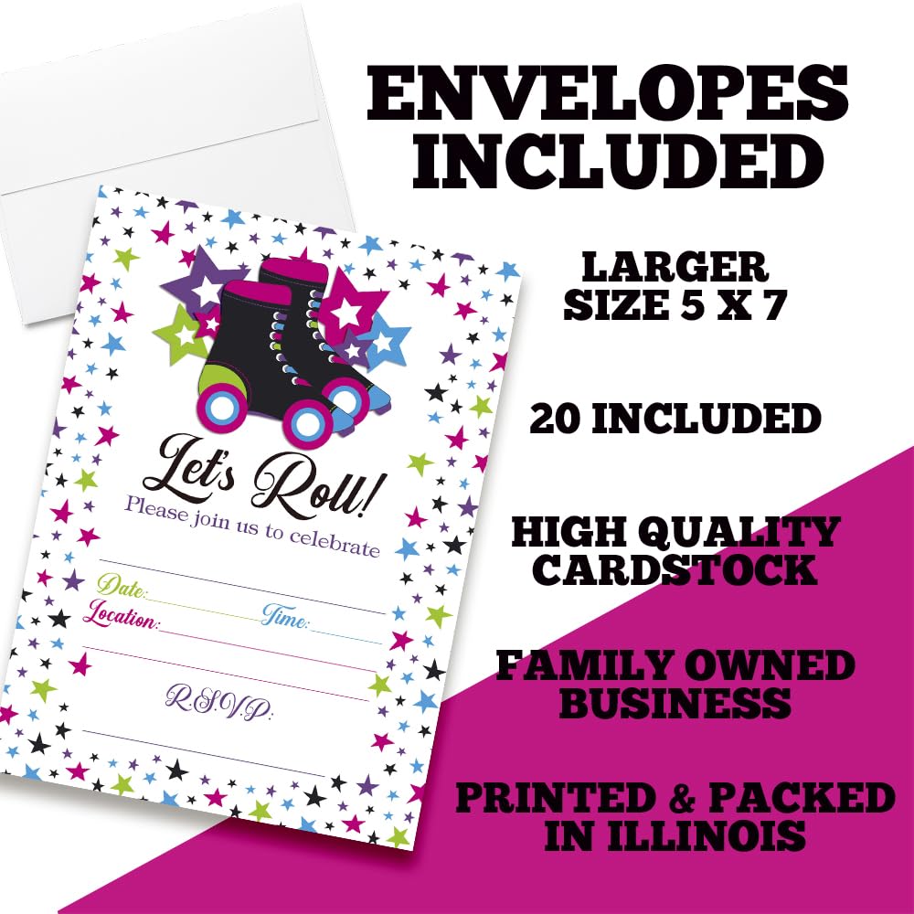 Let’s Roll Star Roller Skating Birthday Party Invitations, 20 5x7 Fill In Cards with Twenty White Envelopes by AmandaCreation