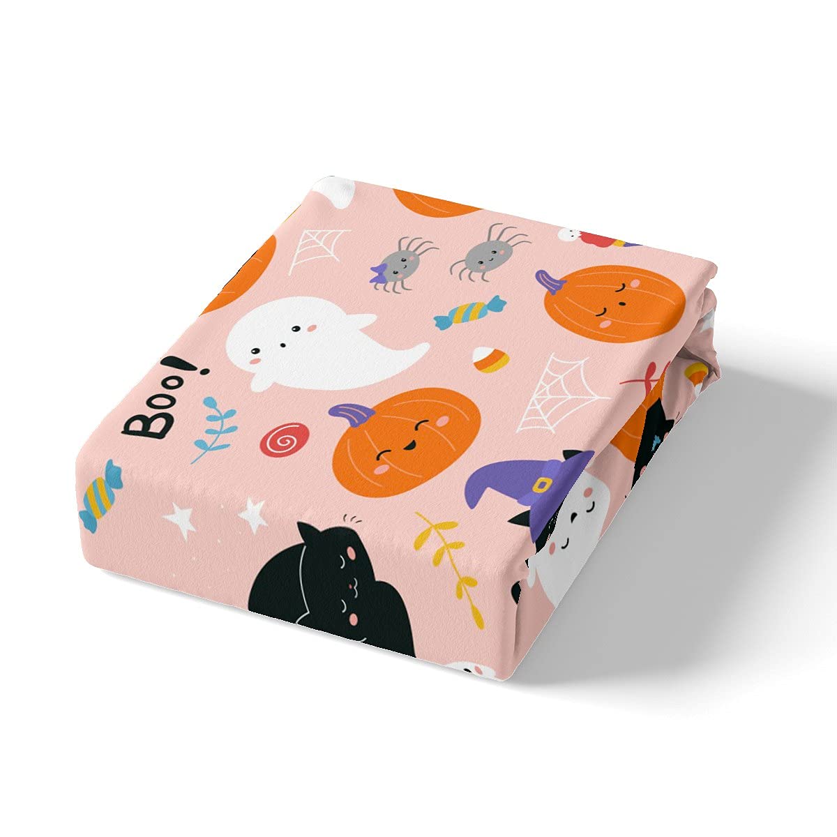 Erosebridal Happy Halloween Bedding Set Full Size Pumpkin Lantern Fitted Sheet, Cobwebs Castle Bed Sheet Set Spooky Cat Bat Bed Cover for Boys Girls Halloween Decor Halloween Decorations