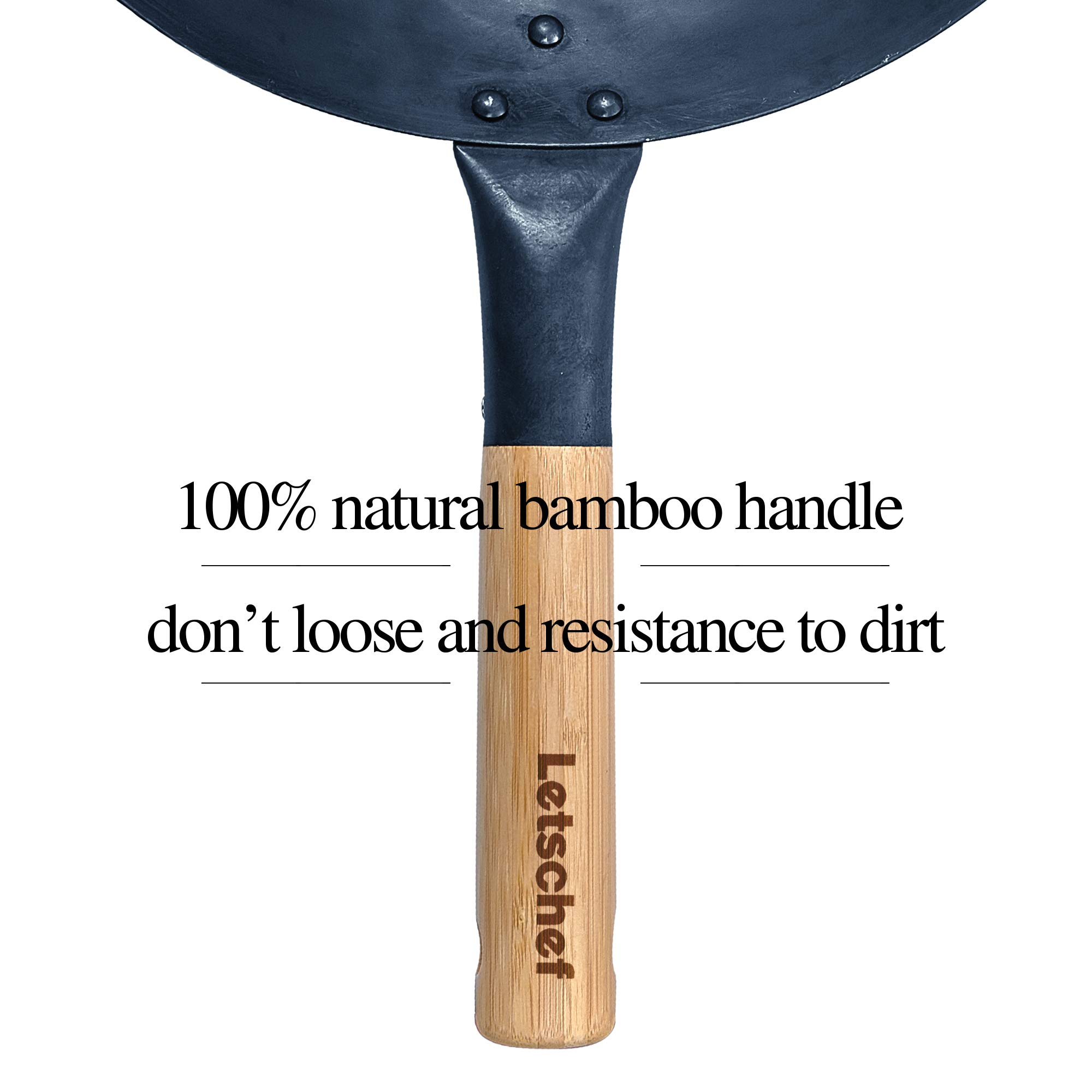Letschef Preseasoned Carbon Steel Wok 14 Inches Hand Hammered Chinese Traditional Wok and Stir Fry Pan Round Bottom with Bamboo Handle PFOA Free Cookware