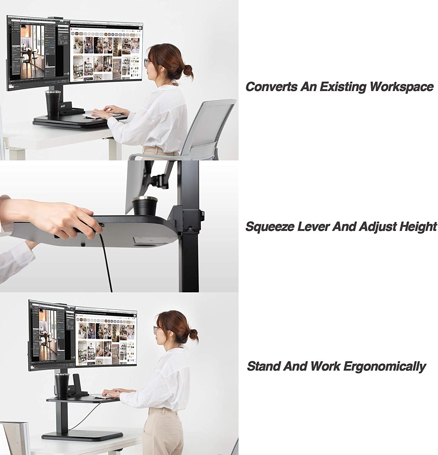 AVLT Dual 32" Monitor Gas Spring Height Adjustable Standing Desk Converter with 28"x 18.9" Spacious Worksurface Sit to Stand Table Sturdy Small Footprint