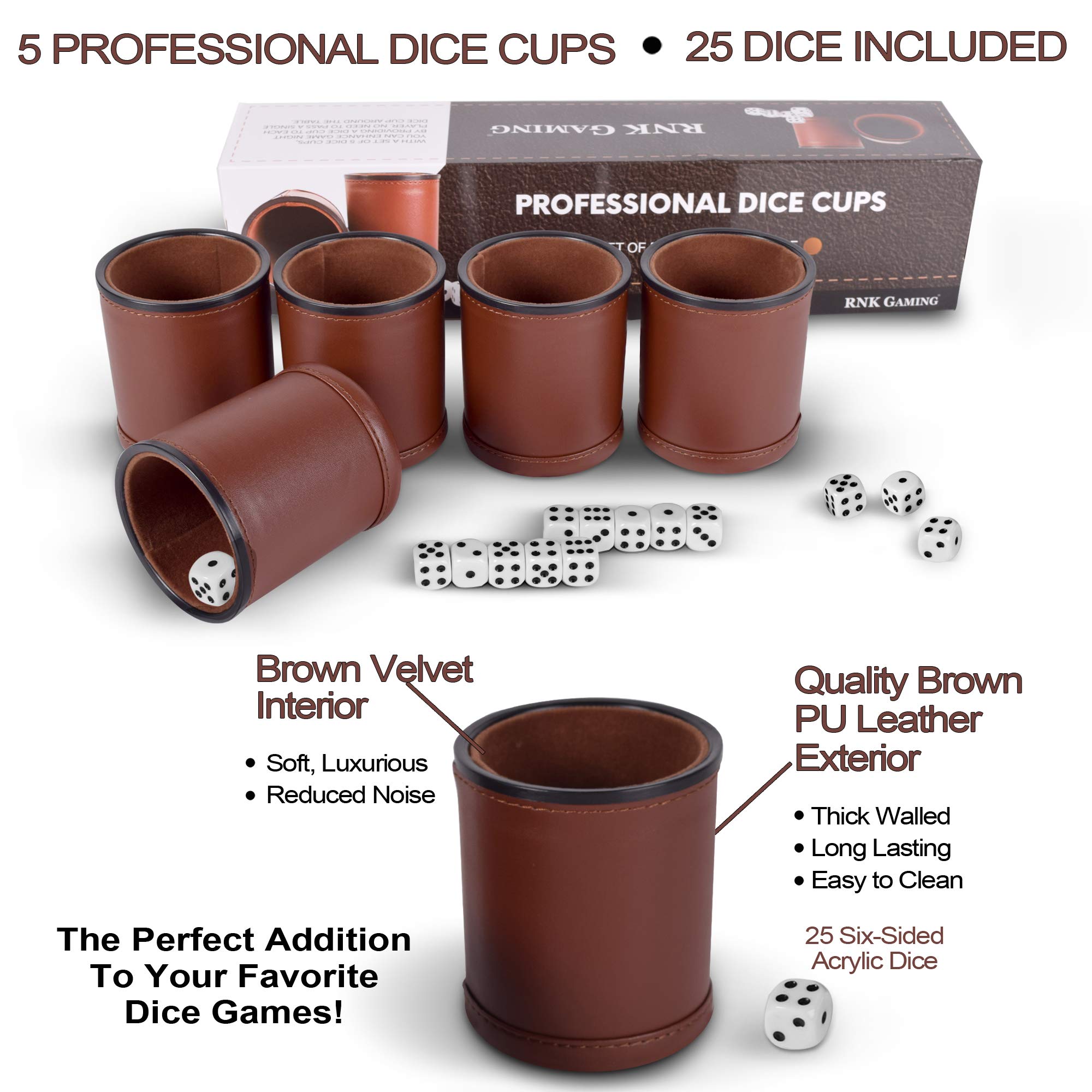 RNK Gaming 5 Pack of Professional Dice Cups PU Leather and Brown Velvet Lined, Includes 25 White Six-Sided Dice