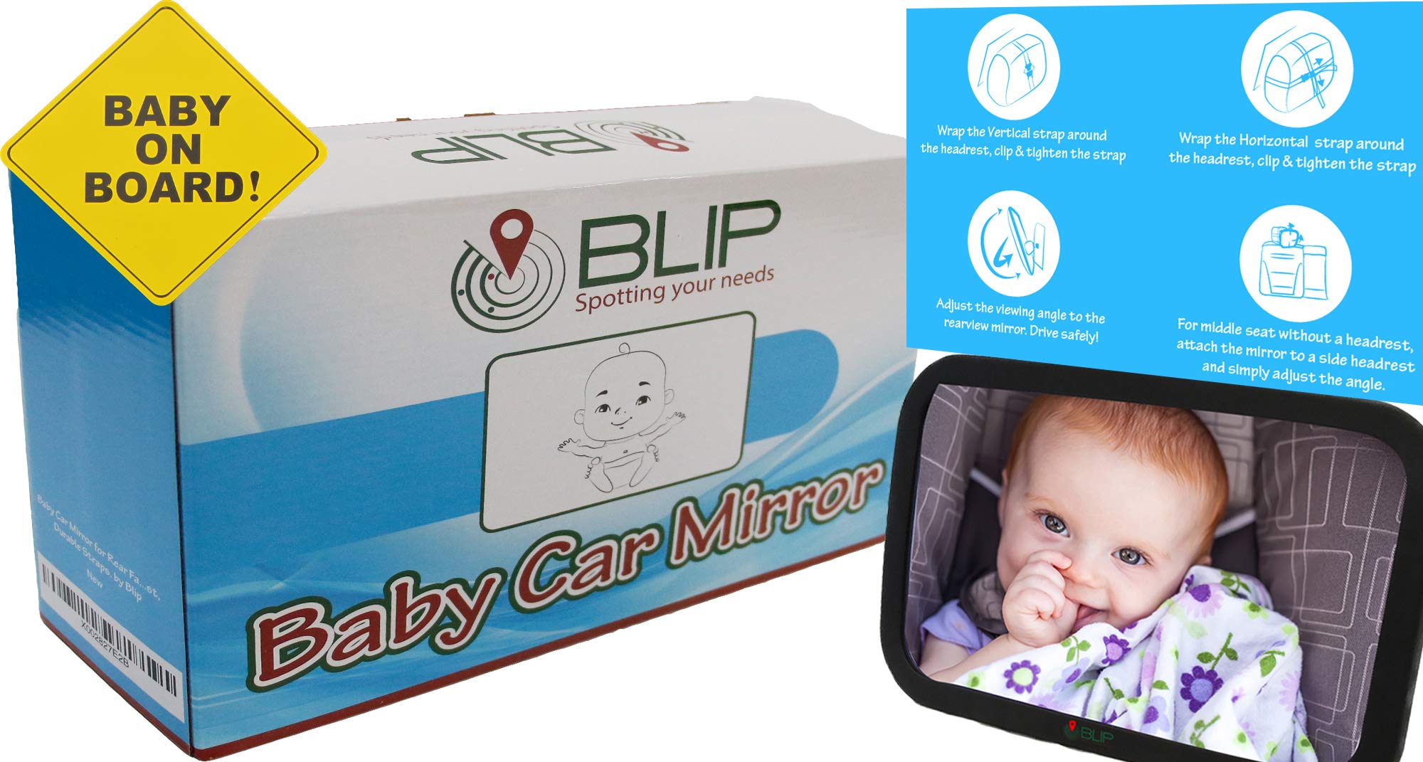 BLIP Baby Car Mirror for Rear Facing Back Seat, X-Large, Clear Shatterproof Acrylic with 360° Multi-Directional Tilting and Viewing, Infant Safe Adjustable Headrest Straps
