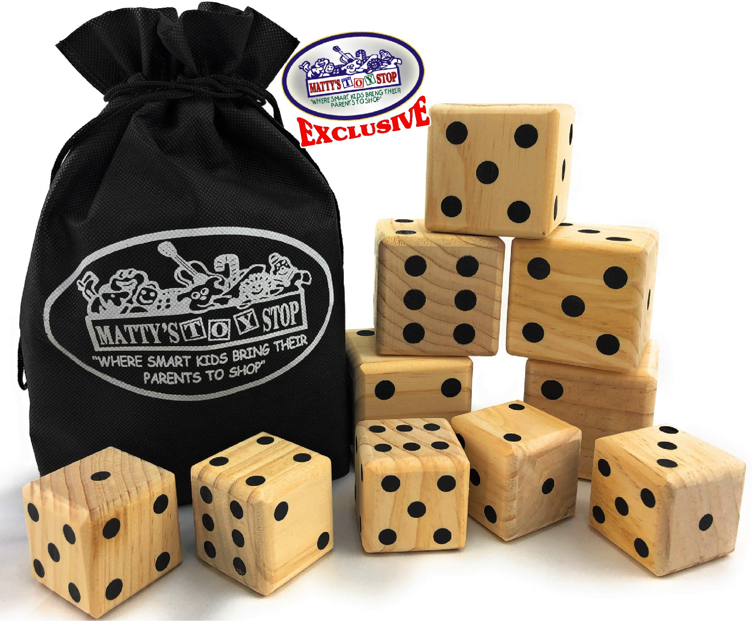 Matty's Toy Stop Deluxe 10pcs Wooden Lawn Dice Set - Features 5 (2.75") and 5 (2") Large Wooden Dice with Storage Bag