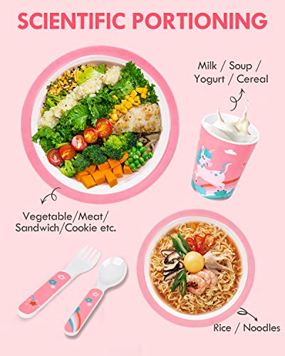 Lehoo Castle Kids Plates and Bowls Sets, 5 Piece Baby Feeding Set - Includes Plate, Bowl, Cup, Fork and Spoon Utensil Flatware, Kids Dinnerware Set for Kids, Toddlers (Unicorn)