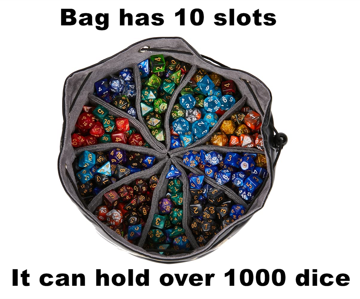PUGED Large DND Dice Dragon Leather Drawstring Bags with Pockets Storage Bag for RPG MTG Game Dices Capacity Over 1000 Dice (Black)