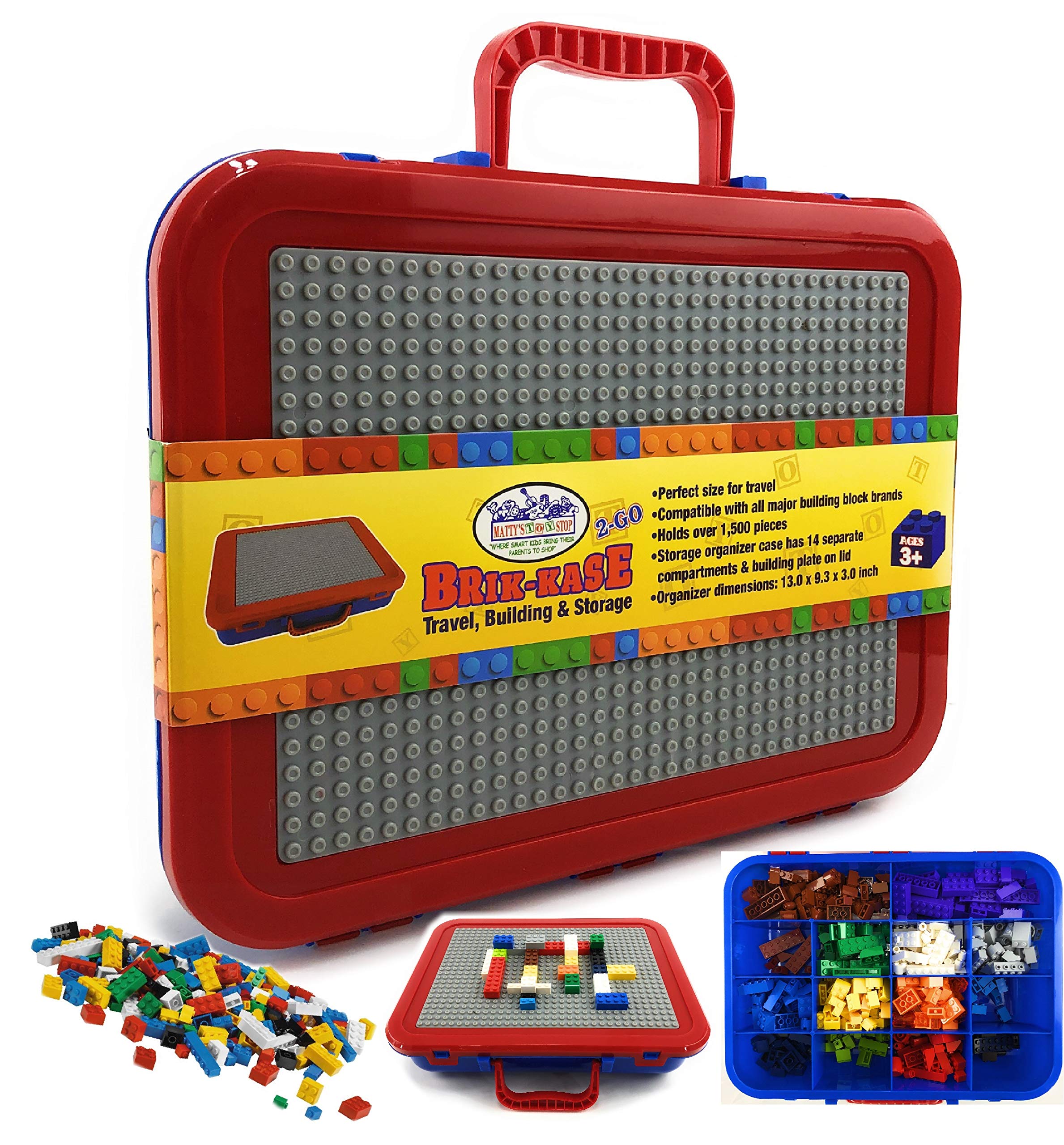Matty's Toy Stop Brik-Kase 2-GO 13" Travel, Building, Storage & Organizer Container Case with Building Plate Lid (Holds Approx 1,500pcs) - Compatible With All Major Brands (Blue, Red & Gray)