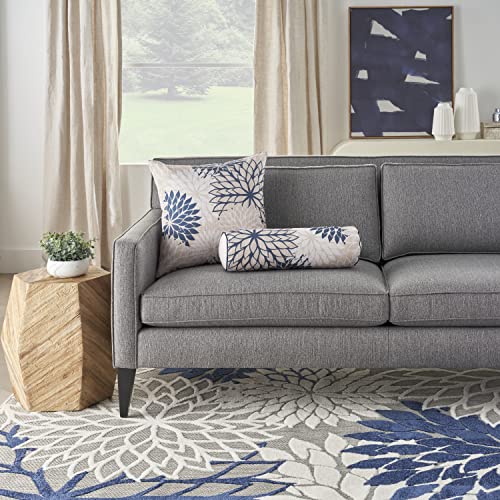 Mina Victory Aloha Floral Ivory/Navy 20" x 20" Outdoor Throw Pillow, Botanical, Patio, Couch, Bench, Easy Clean, Zipper Closure,