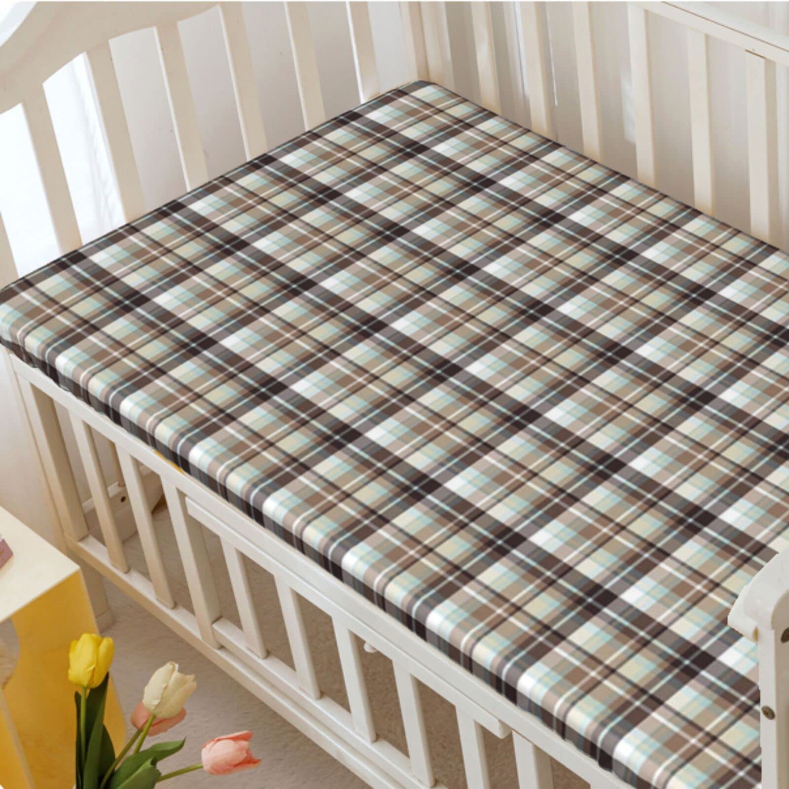 Brown Plaid Themed Fitted Crib Sheet,Standard Crib Mattress Fitted Sheet Soft & Stretchy Fitted Crib Sheet-Baby Crib Sheets for Girl or Boy, 28β x52β,Multicolor