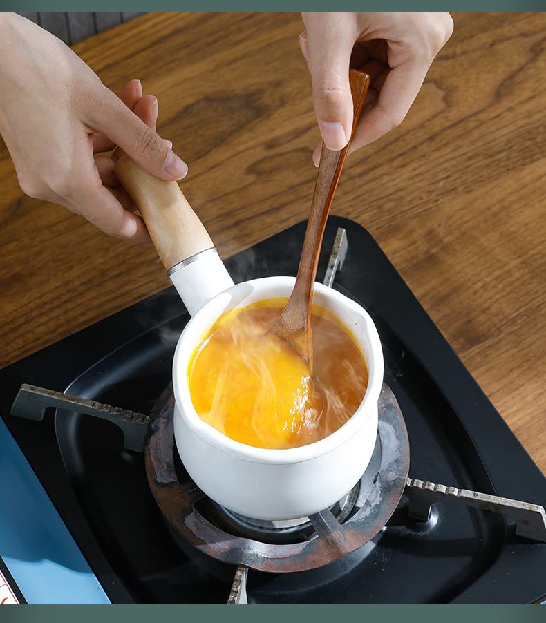 YumCute Home Enamel Milk Pan, Mini Butter Warmer 4 Inch 550ml Enamelware Saucepan Milk Warmer Small Cookware with Wooden Handle, Perfect Size for Heating Smaller Liquid Portions. (White)