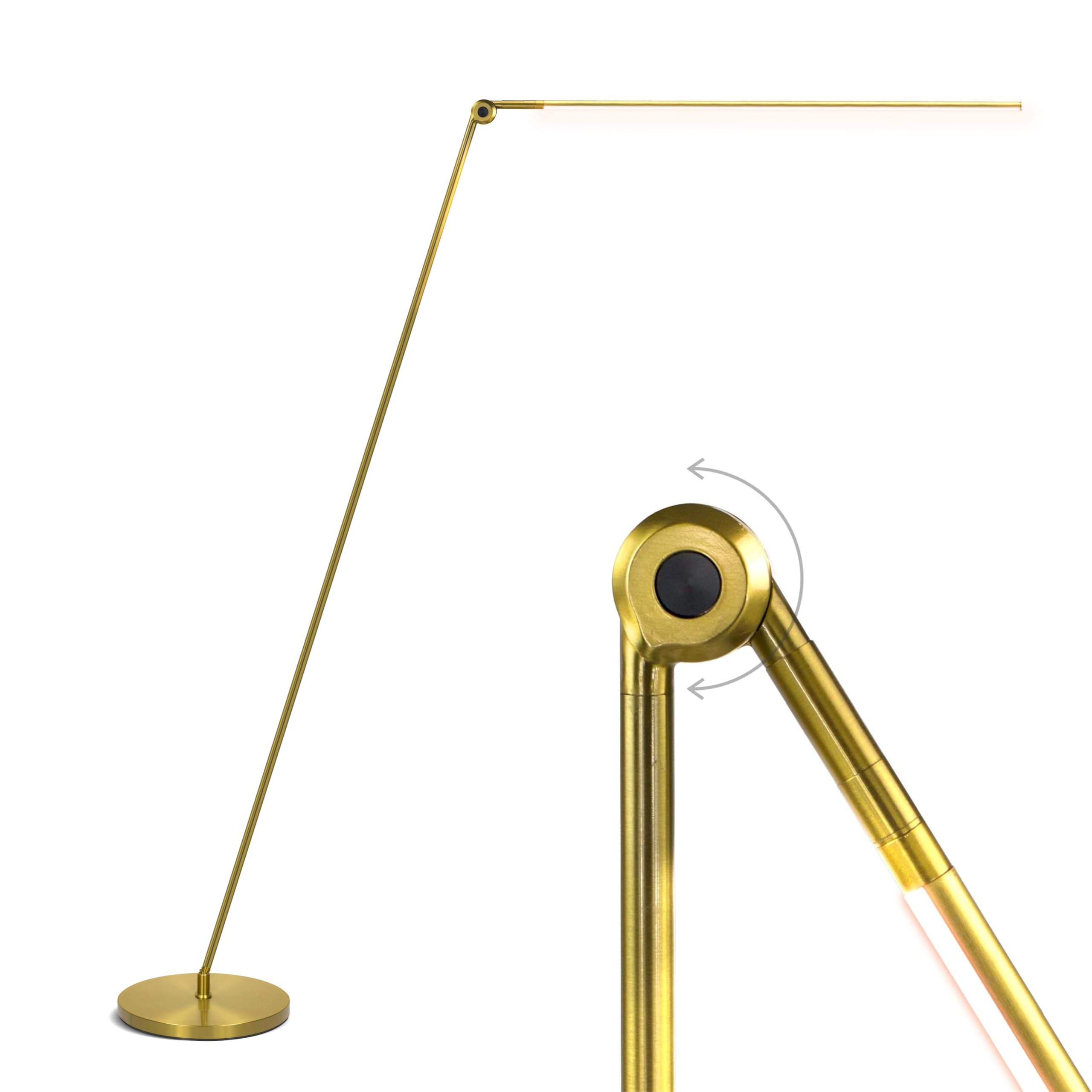 Brightech Libra LED Floor Lamp - Contemporary Minimalist Standing Lamp - Floor Reading Lamp for Over Chair - Adjustable Pivoting LED Head with Built-in Dimmer and Color Changing LED - Brass