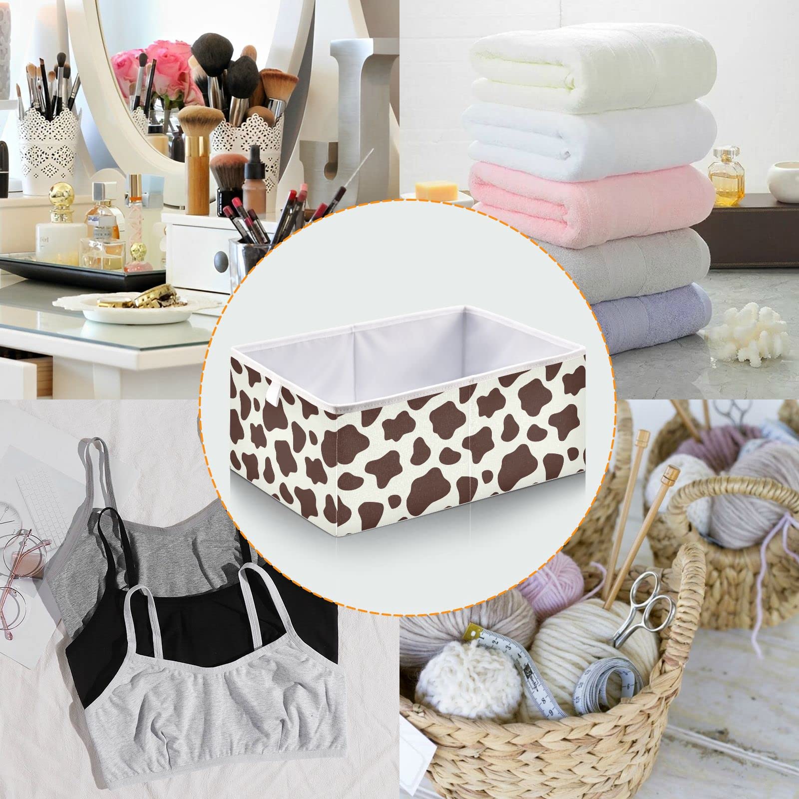 Brown White Cow Textures Storage Baskets for Shelves Foldable Collapsible Storage Box Bins with Fabric Bins Cube Toys Organizers for Pantry Bathroom Baby Cloth Nursery,11 x 11inch
