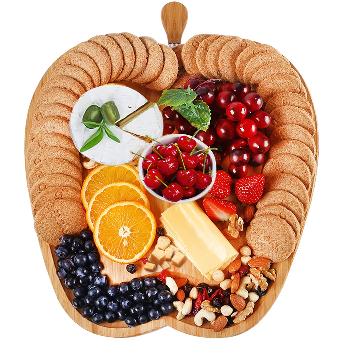 BOWEN EZ Bamboo Cheese Board with Knife Set, Large Charcuterie Boards for Kitchen Party, Apple Shaped Cheese Platter, Gift for Christmas, Housewarming, Hallows, New Years, Weddings