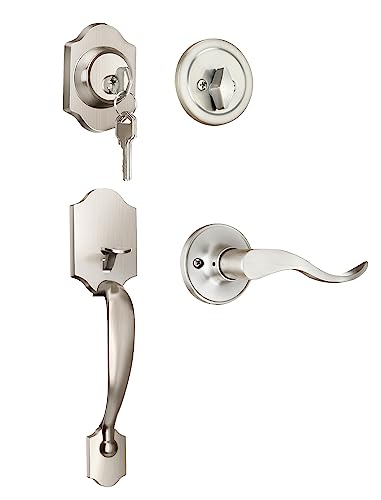 ELAMOR Front Door Handle with Deadbolt Set, Silver Front Door Lock Set with Interior Handle, Easy to Install, Adjustable Latch, Reversible for Right&Left Door, Exterior Door Handle for Home/Hotel