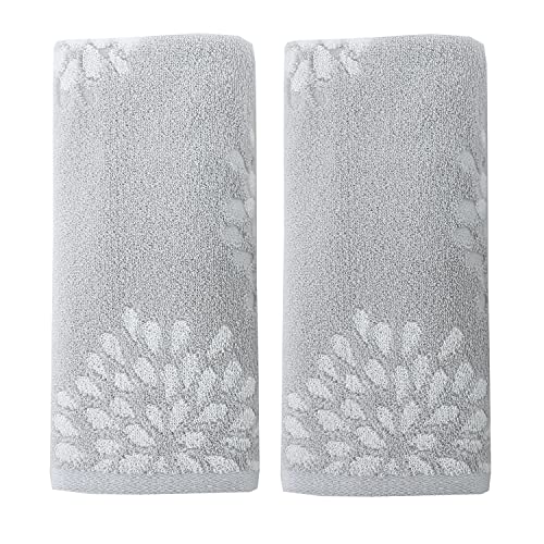 Pidada Hand Towels Set of 4 Hydrangea Floral Pattern 100% Cotton Absorbent Soft Decorative Towel for Bathroom (Light Grey)