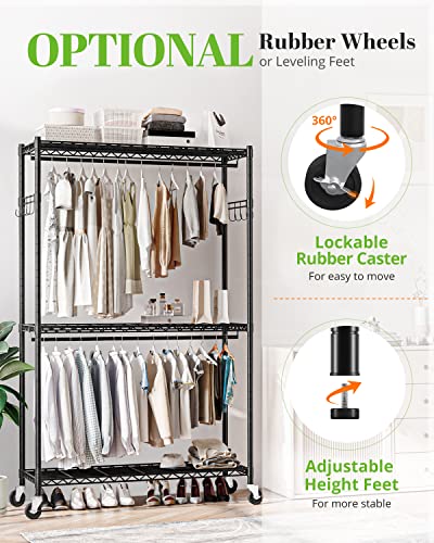 HOKEEPER Heavy Duty Wire Garment Rack Clothes Rack with Shelves and Double Rods, Rolling Clothing Rack for Hanging Clothes, Portable Freestanding Closet Storage Shelves Rack with Wheels and Hooks