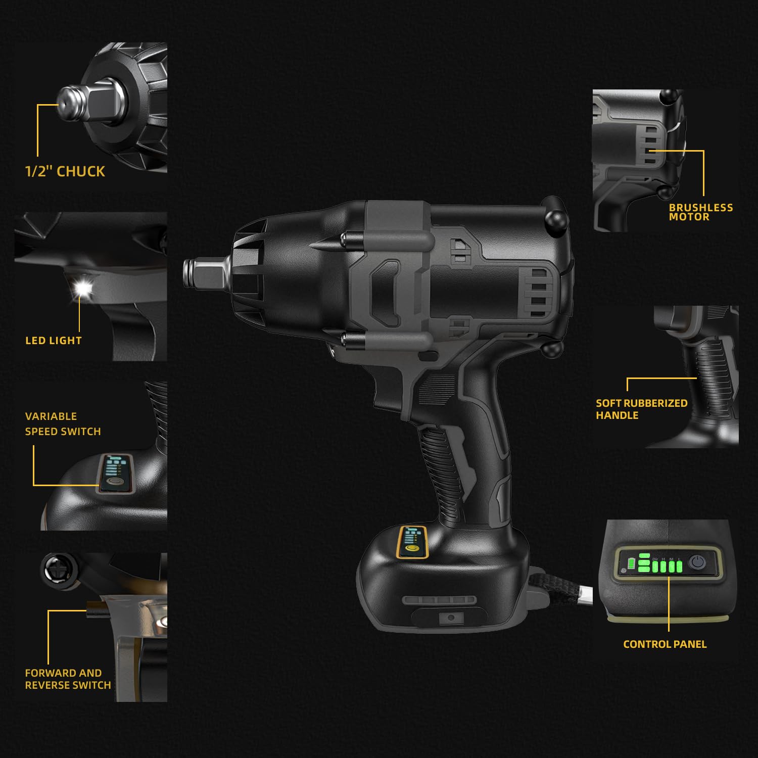 Cordless Impact Wrench 1/2 inch for Dewalt 20V Max Battery, 550 Ft-lbs (750N. m) Brushless High Torque Power Tool with LED Work Light (Batteries and Charger not Included.)
