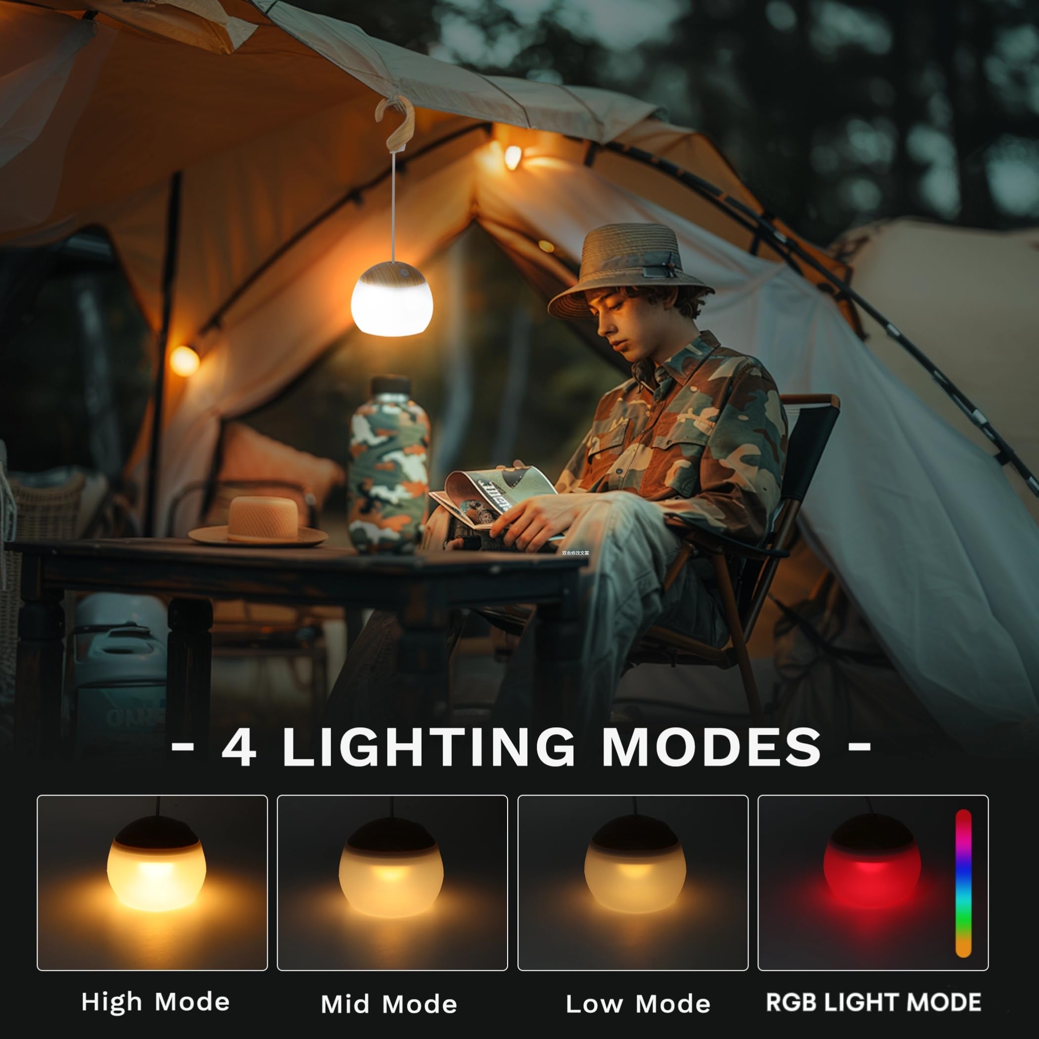 Camping Lantern, 4 Light Modes LED Camping Lantern with Hanging Hook Silicone Rechargeable Camping Light Battery Operated Waterproof Tent Light for Patio Garden Party Hiking Hurricane Emergency