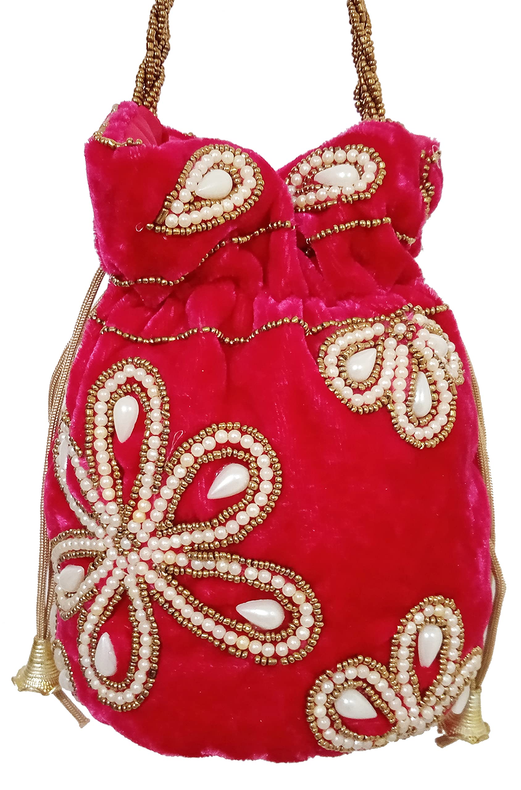 Purpledip Chenille Potli Bag (Clutch, Drawstring Purse): Intricate Bead Work Satchel Handbag, Pink (12396D)