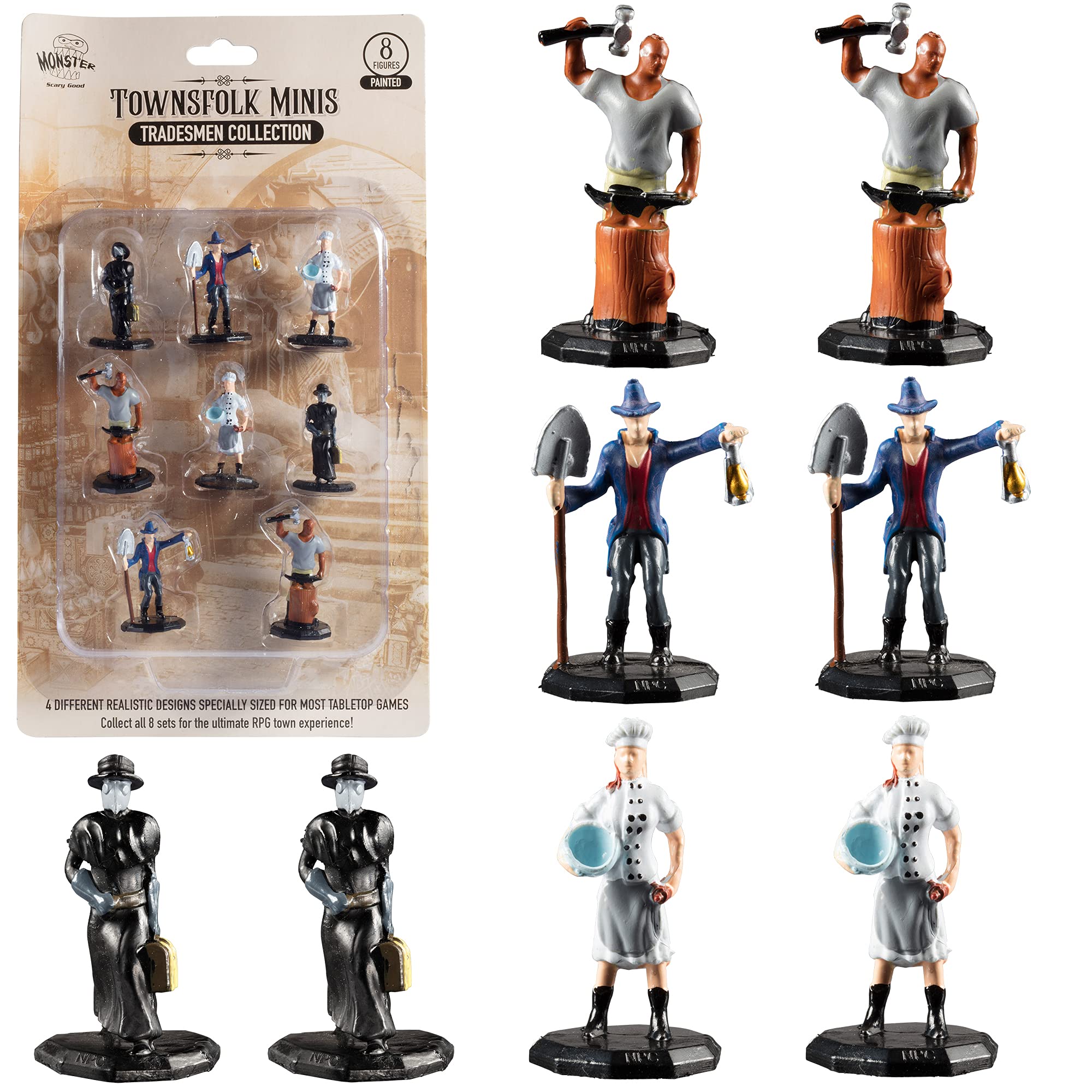 Monster Protectors Townsfolk Mini Fantasy Figures - Tradesmen - 8pc Hand-Painted Non Player Character NPC Miniatures - 1" Hex-Sized Compatible with DND Dungeons Dragons Tabletop Games