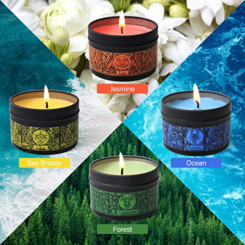 Eutectic Scented Colorful Tin Aromatherapy Candle Gift Set | Zodiac Sign Collection Candles Bulk | 3.5 Oz Natural Soy Wax with Jasmine, Sea Breeze, Ocean, and Forrest Fragrance Small Candles