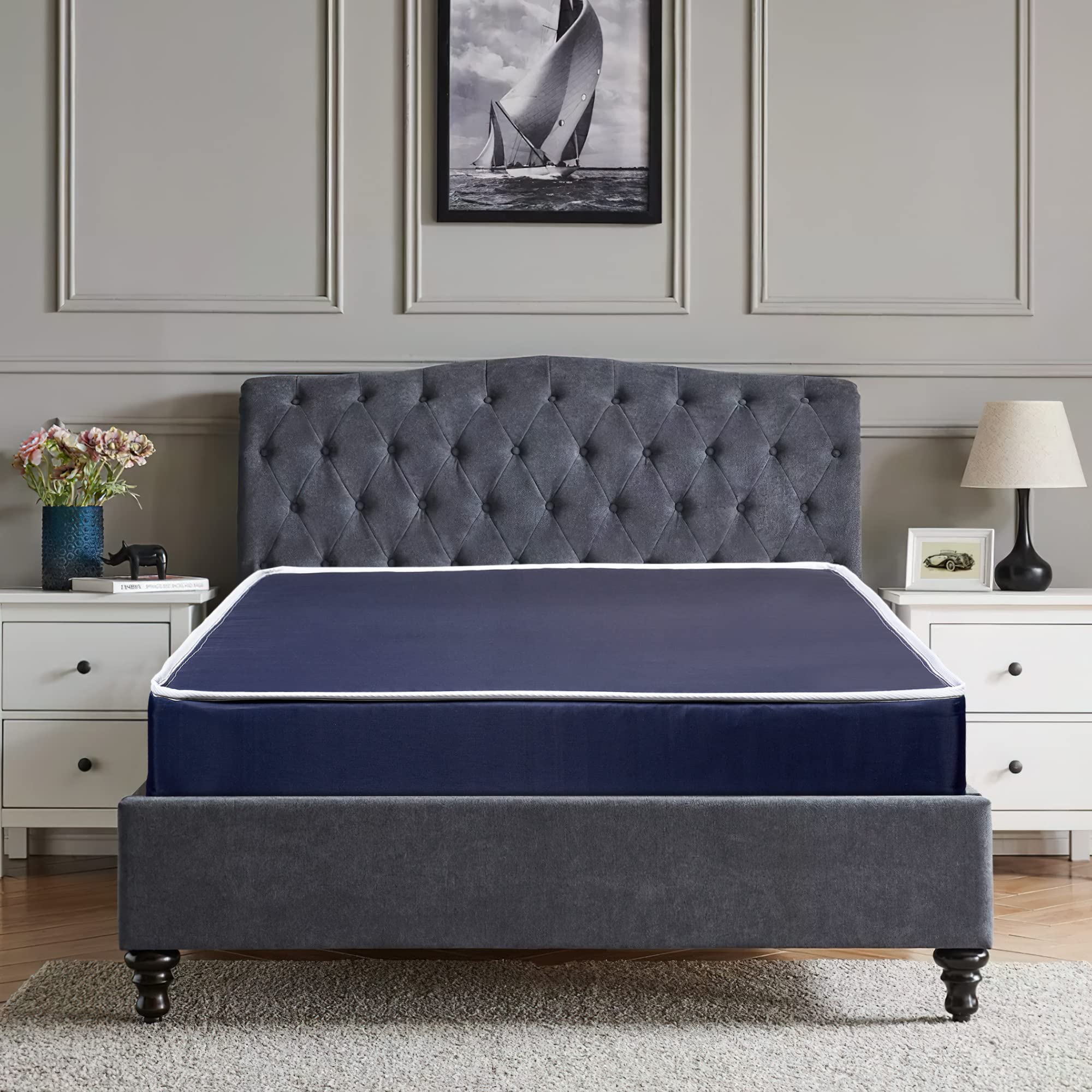Treaton, 9-Inch Medium Tight Top Nylon Vinyl Hybrid Mattress, Queen, Blue.