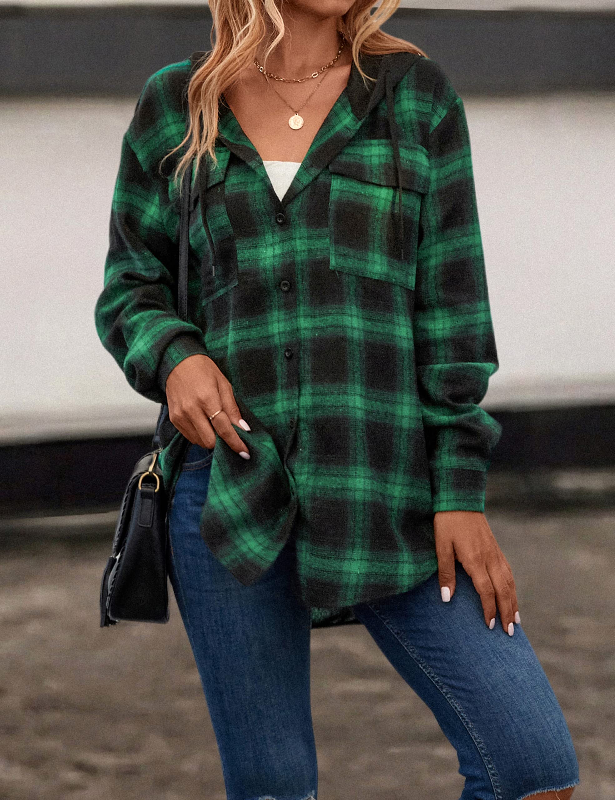 Blooming Jelly Women's Flannel Shirts Plaid Shacket Oversized Button Down Shirt Hooded Long Sleeve Tops 2023 Fall Winter Outfits (Black Plaid,Large)