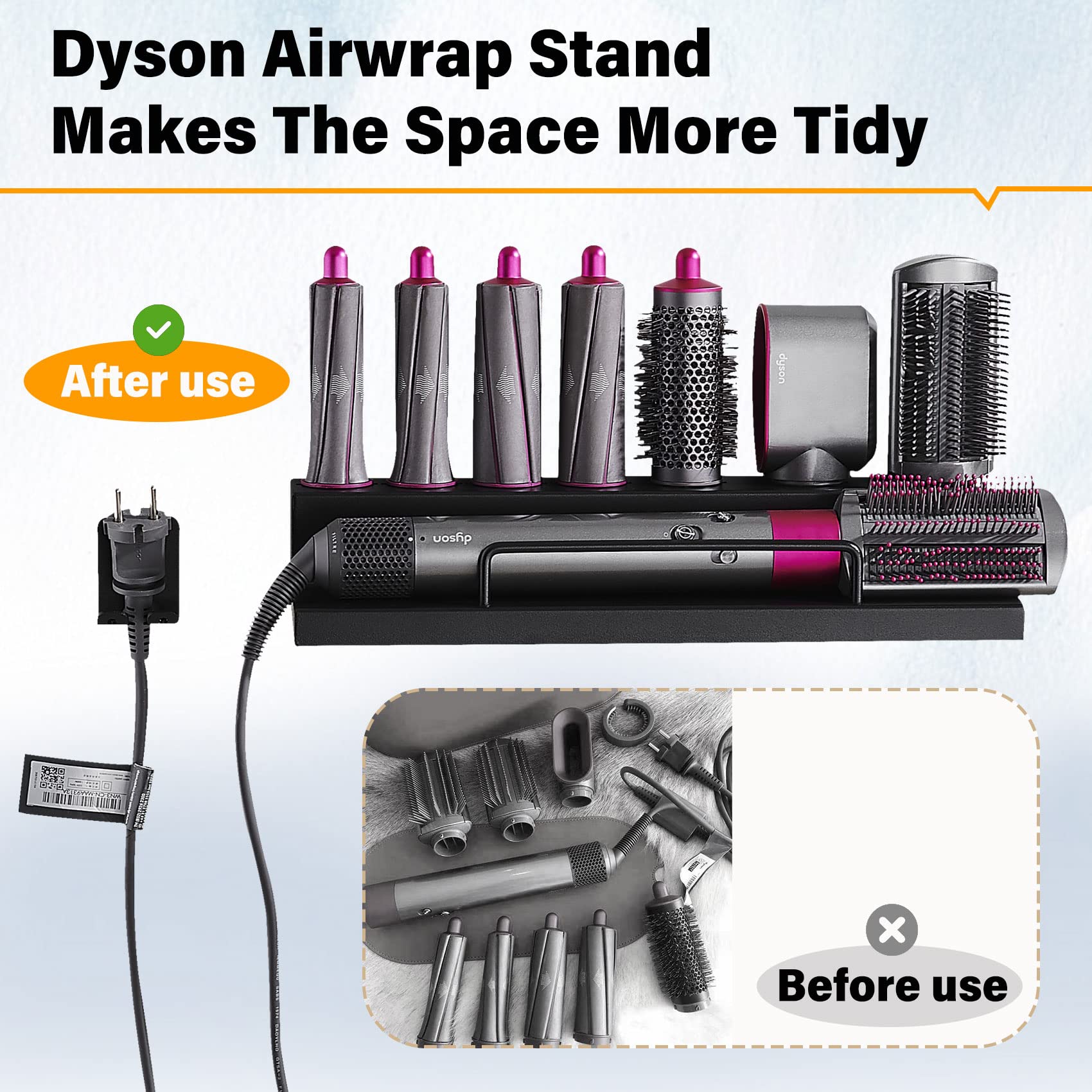 Holder Storage Stand Rack Wall Mount for Dyson Airwrap Curling Iron Accessories,Bathroom Organizer Holder for Dyson Airwrap,No Drilling Installation,Suitable for Bathroom|Bedroom|Hair Salon (Black)