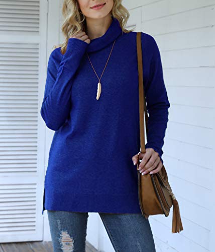 HWOKEFEIYU Womens Turtleneck Sweaters Long Sleeve Side Split Pullover Loose Knit Jumper(Royal Blue,X-Large)