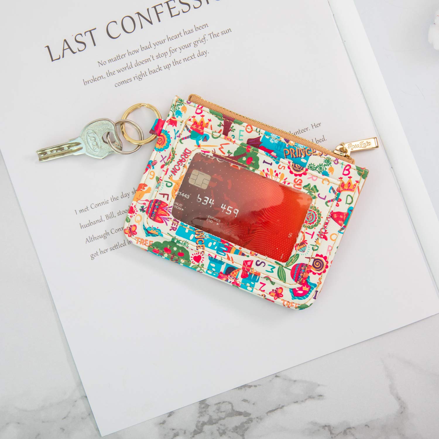 Rose Lake RFID Blocking Credit Card Holder Wallet Slim Card Case Front Pocket Wallet with Key Ring for Women Girls (Colorful Garden)